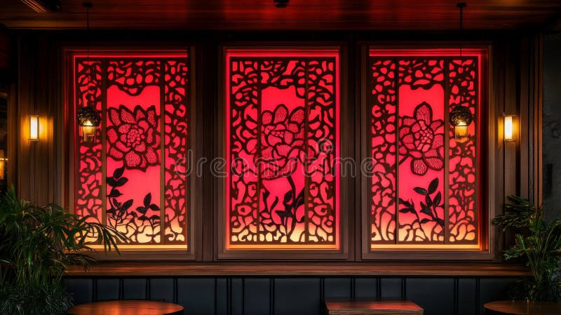 Red Illuminated Floral Paneling Interior Design Stock Illustration ...