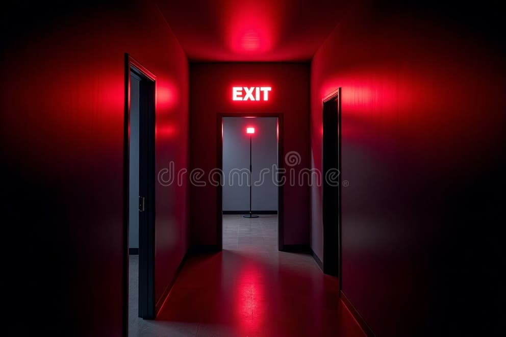 Red Illuminated Hallway Featuring an Exit Sign and Several Doorways ...
