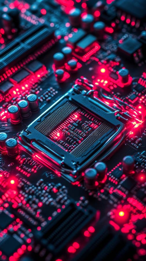 Red Illuminated Microprocessor on Circuit Board Showcasing Advanced ...