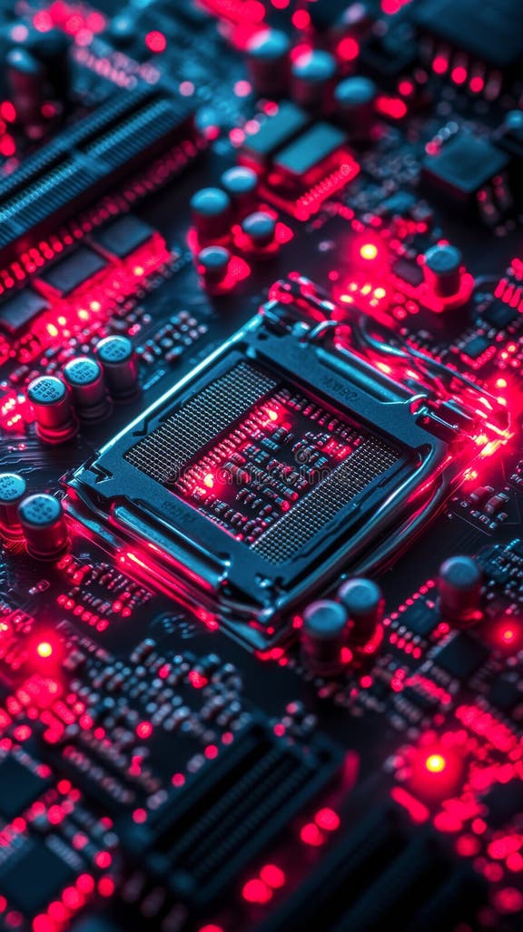 Red Illuminated Microprocessor on Circuit Board Showcasing Advanced ...