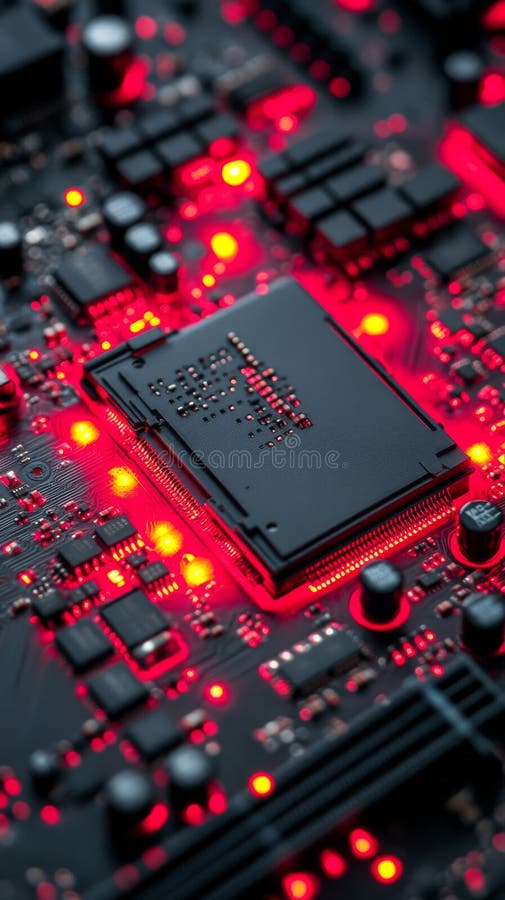 Red Illuminated Microprocessor On Circuit Board Showcasing Advanced