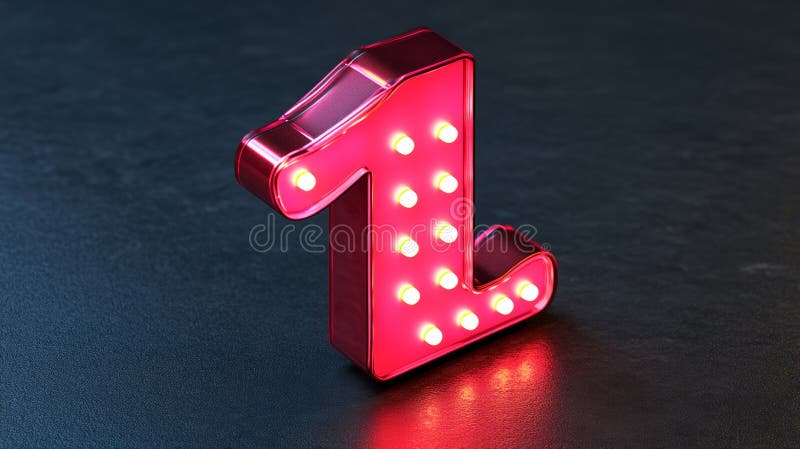 Red Illuminated Number One Sign on Dark Background, with Lightbulbs Lit ...