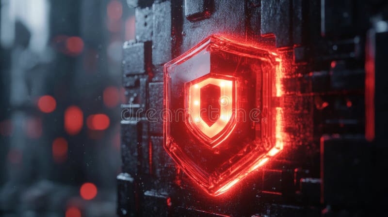 Red Illuminated Shield on Dark Metallic Surface Stock Illustration ...