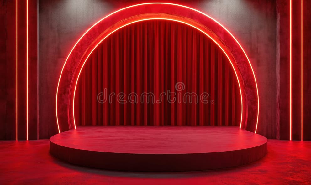 Red Illuminated Stage with Circular Platform and Curved Backdrop for ...