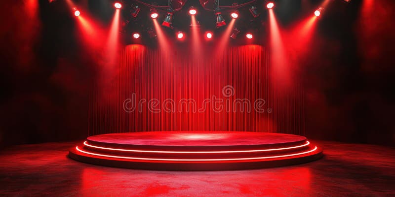 Red Illuminated Stage with Circular Platform and Dramatic Lighting ...