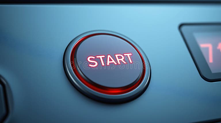 Red Illuminated Start Button on Blue Technology Panel Background, Power ...