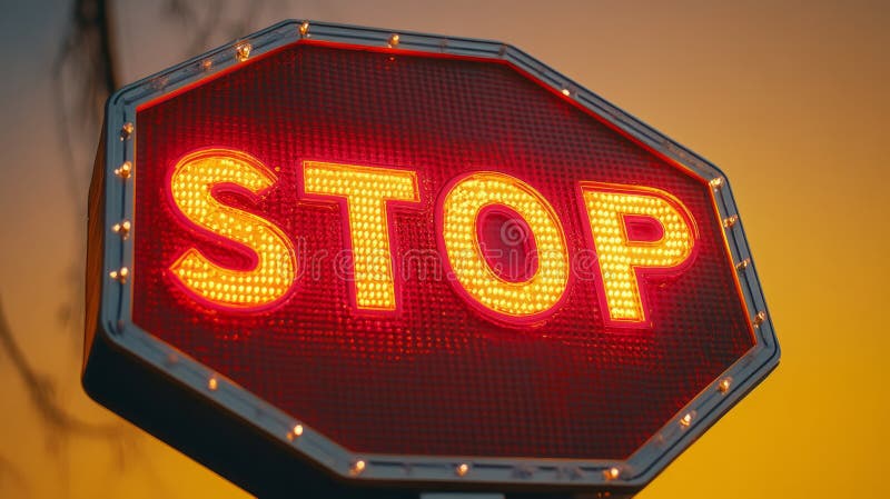 Red Illuminated Stop Sign Glowing at Night. Stock Photo - Image of ...