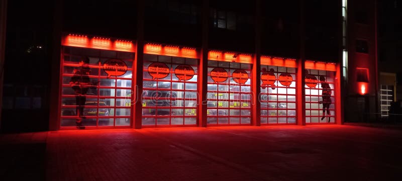 Red Illumination Fire Station Stock Photo - Image of lighting, light ...