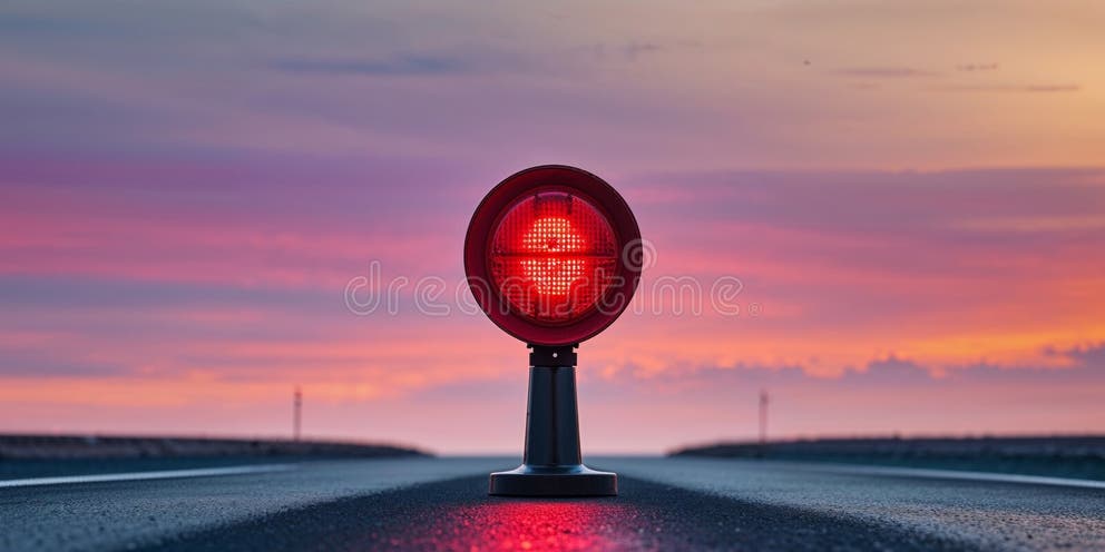 Red Indicator Light on Asphalt Road with Warm Sunset in Background and ...