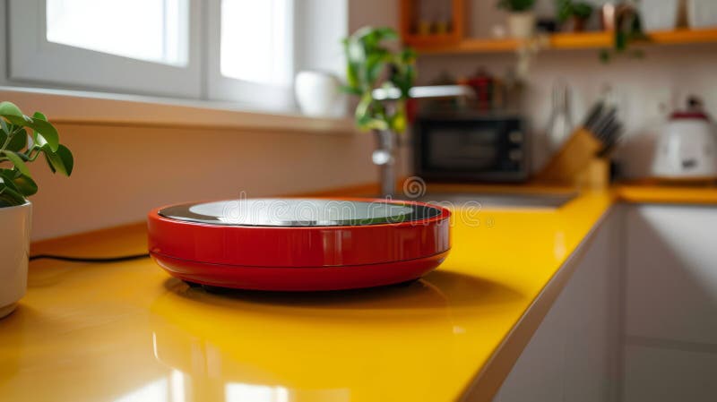 Red Induction Cooker on a Modern Yellow Kitchen Countertop. Stock Image ...