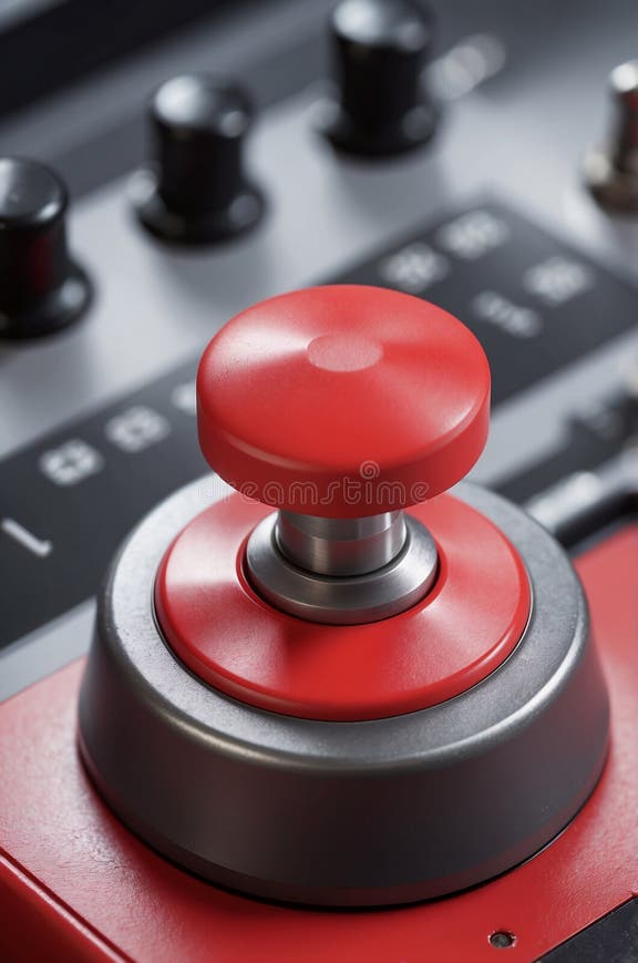 Red Industrial Joystick Controller on High Tech Equipment Panel with ...