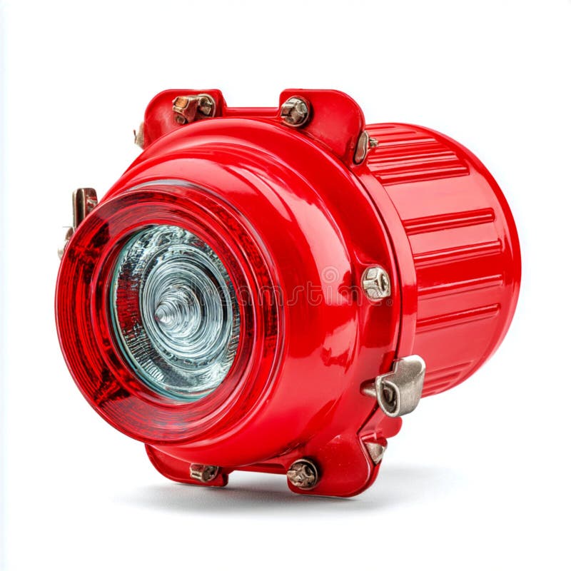 A Red Industrial Light Fixture on a Plain White Surface Stock ...