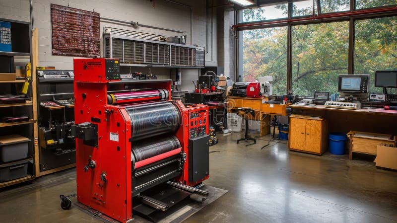 Red Industrial Printing Press in a Well Lit Workshop Stock Illustration ...
