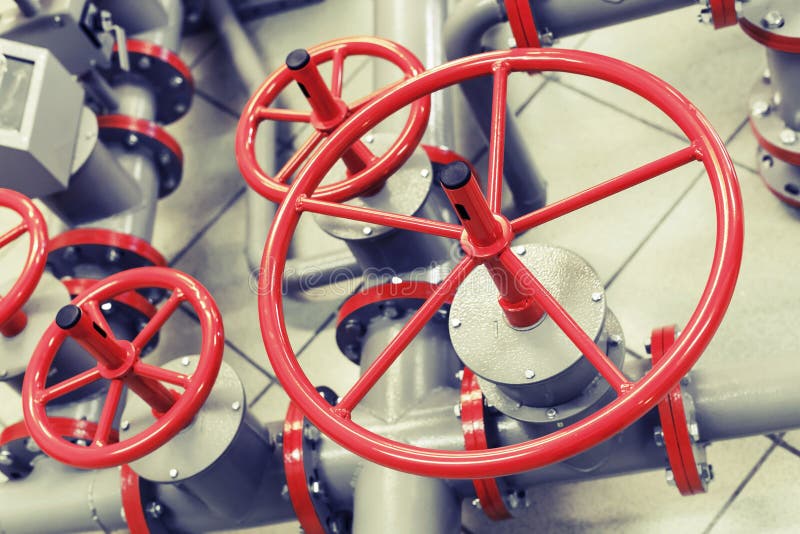 Red Industrial Valves on Modern Pipeline Stock Image - Image of device ...