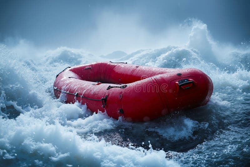 A Red Inflatable Boat in the Middle of a Large Wave Stock Image - Image ...