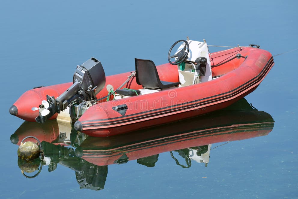 Red Inflatable Boat with Motor Stock Photo - Image of nautical, lake ...