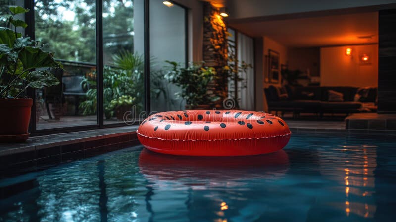 Red Inflatable Ring in Modern Indoor Pool with Plants and Natural Light ...