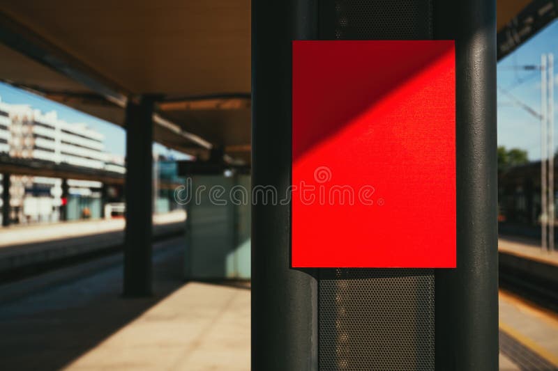 Red Information Sign Board Mockup on Train Station Stock Photo - Image ...