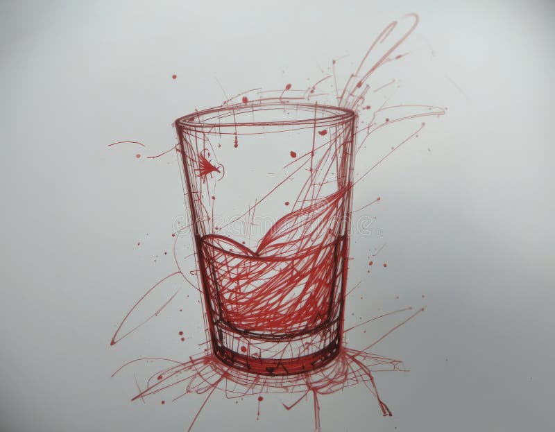 Red Ink Drawing of a Glass with Liquid and Splash Effect Stock ...