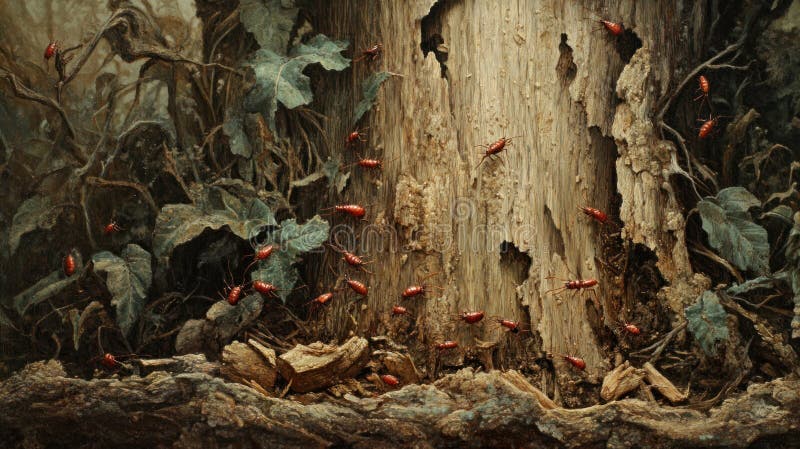 Red Insects Crawling on Decaying Tree Trunk and Ivy Stock Photo - Image ...