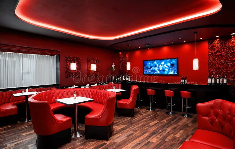 Red Interior Design of a Modern Bar with Booths, Bar Stools, and a Flat ...
