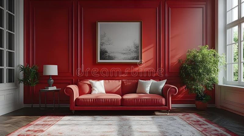Red Interior Design with Sofa and Plants - 3D Illustration Stock ...
