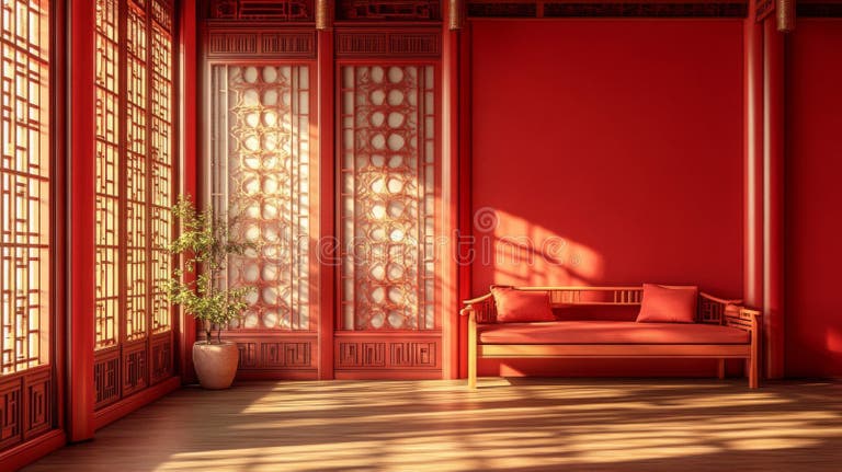 Red Interior Design with Traditional Chinese Windows and a Couch Stock ...