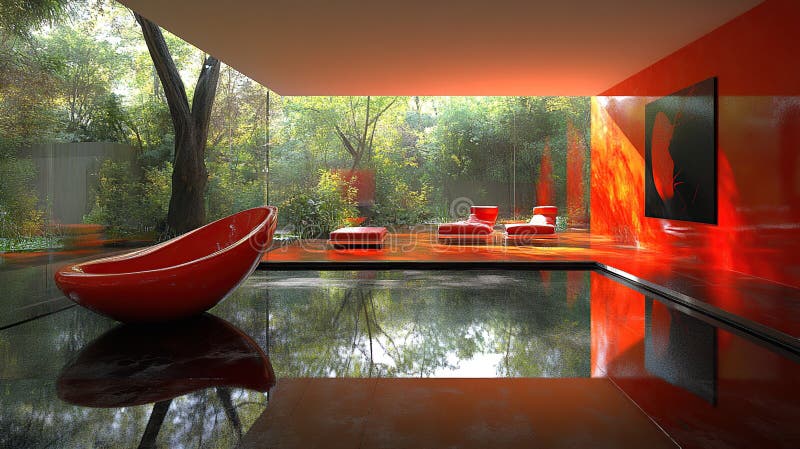 Red Interior Design with Water Feature and Garden View Stock ...