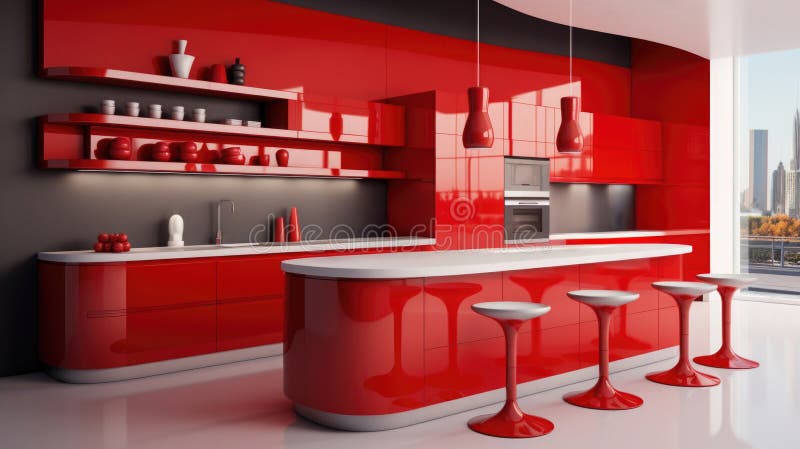 The Red Interior of the Kitchen, the Design is Modern for Ideas and ...