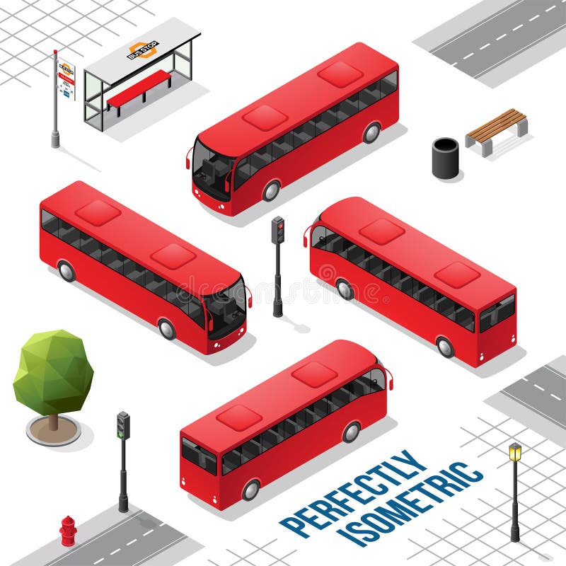 Red Isometric Bus from the Front Back Right and Left Stock Vector ...