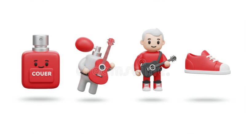 Red Items Cartoonish 3d Render on White Backdrop Stock Illustration ...