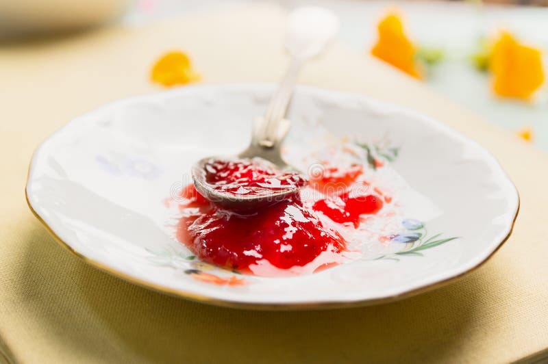 Red Jam in Plate with Spoon Stock Photo - Image of brown, food: 55136400