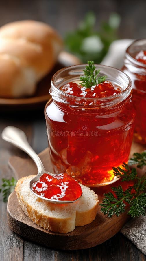 Red Jam is Spread on a Slice of Bread with a Spoon, Showcasing a Rustic ...
