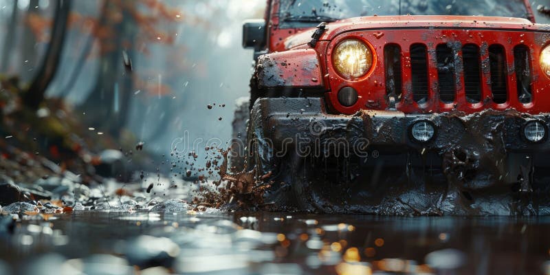 Red Jeep Driving through Mud. Created by Generative Artificial ...