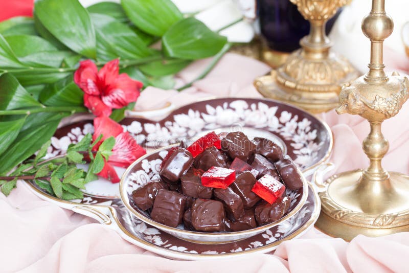 Red Jelly in Chocolate on a Plate Luxury Stock Image - Image of dessert ...