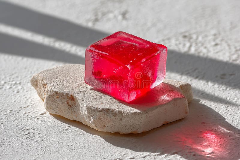 Red Jelly Cube Positioned on Textured Stone with Sunlit Shadows ...