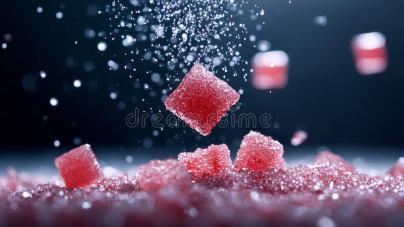 Red Jelly Cubes Falling on Sugar Background Stock Illustration ...