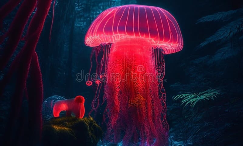 Red Jelly Fish in the Dark Green Forest, Ai Generated Stock Photo ...