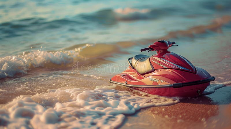 Red Jet Ski Standing on the Beach. the Rough Seas Touch the Jet Ski ...