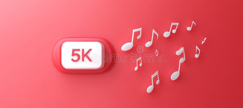Red 5K Button Surrounded by White Music Notes on a Solid Red Background ...
