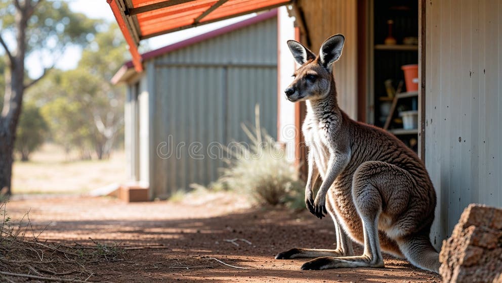 Red Kangaroo Resting in Shade beside Toolshed Awning Stock Illustration ...