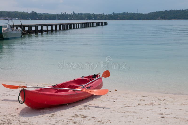 A Red Kayak on the Beach with Tropical Sea Stock Image - Image of ...