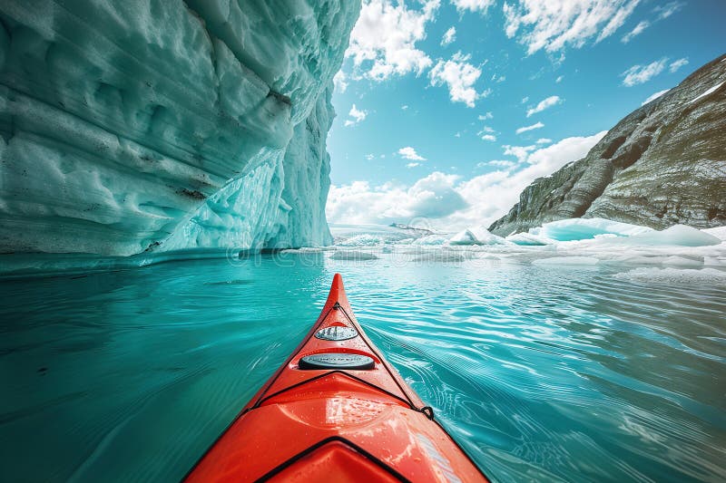 Red Kayak in Icy Blue Waters among Towering Glaciers Stock Image ...