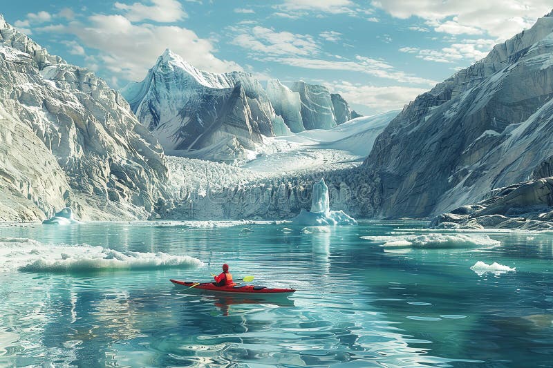 Red Kayak in Icy Blue Waters among Towering Glaciers Stock Photo ...