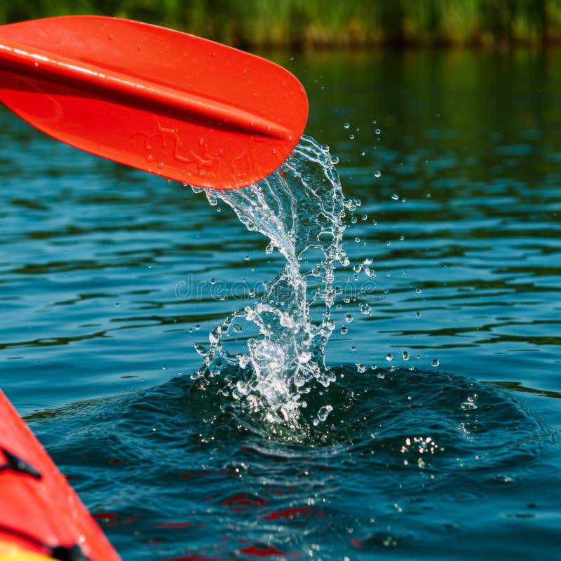 Red Kayak Paddle Splashing Water on Blue Lake Stock Photo - Image of ...