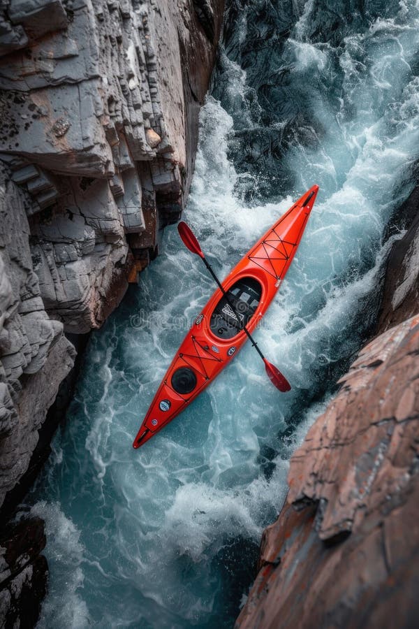 A Red Kayak Paddles through Calm Waters of a Serene River Scene Stock ...