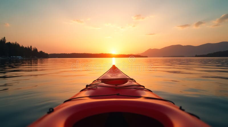 A Red Kayak is in the Water with the Sun Setting in the Background ...