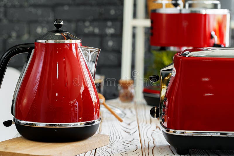 Red Kettle on Kitchen Table Close Up Stock Photo - Image of interior ...