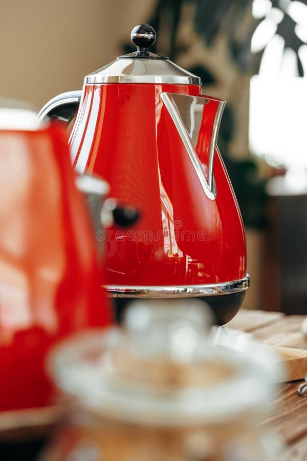 Red Kettle on Kitchen Table Close Up Stock Photo - Image of retro ...
