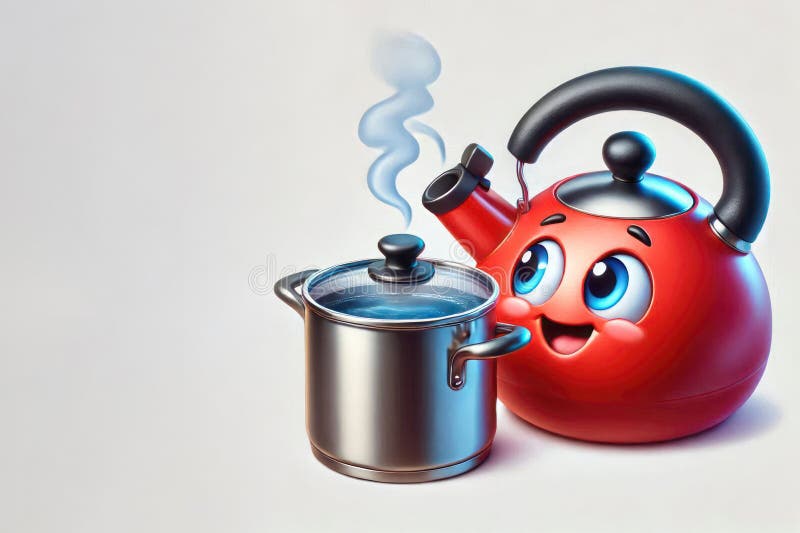 A Red Kettle with a Smiling Face and a Pot of Steam. Space for Text ...
